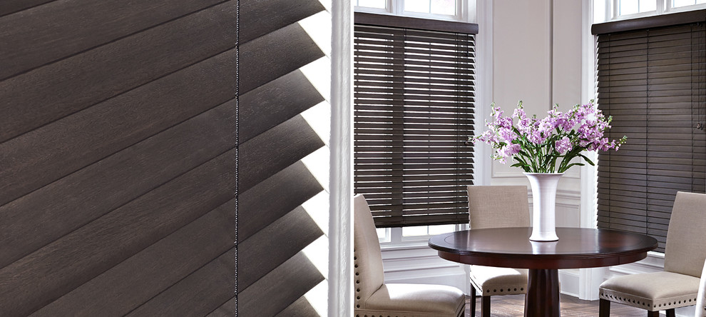 DARK WOOD BLINDS - Hunter Douglas Parkland Textures Dining Room ...