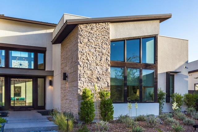 Angular Contemporary Facade With Natural Looking Stone - Modern - Entry ...
