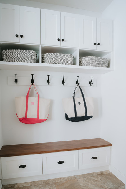 Classic White Mudroom with Hooks and Bench - Transitional - Entrance ...