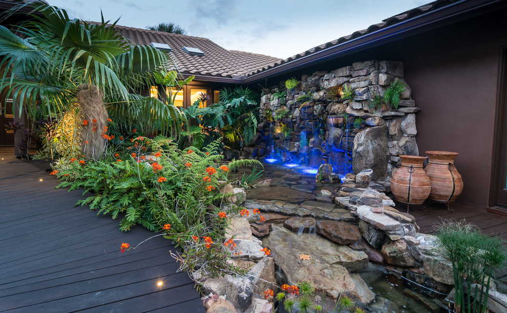 Custom Rock Waterfall Pool with Stone Grotto, Stream and Tiki Hut ...