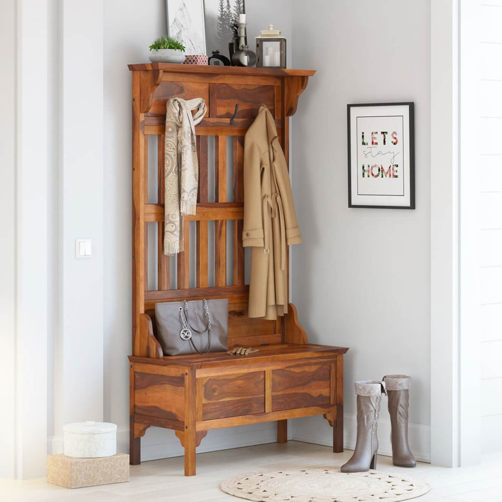 Dedham Handcrafted Rustic Solid Wood Entryway Hall Tree With Storage ...