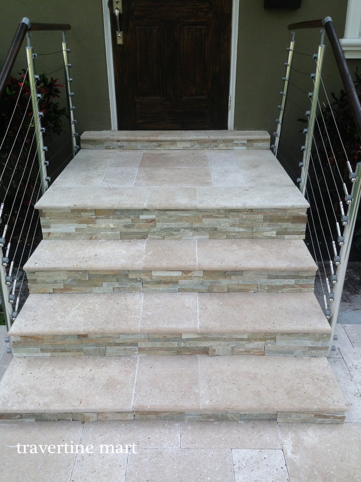 Ivory Travertine Porch Steps using Pavers and Pool Coping - Natural ...