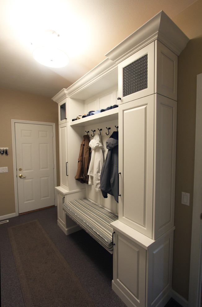 Mudroom Built-Ins in White Cabinets with Wire Mesh Inserts ...