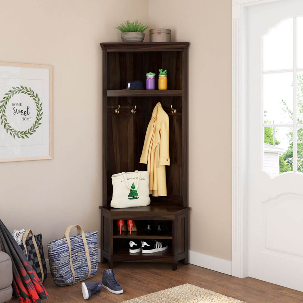 Savona Rustic Solid Wood Entryway Corner Hall Tree with Shoe Storage ...