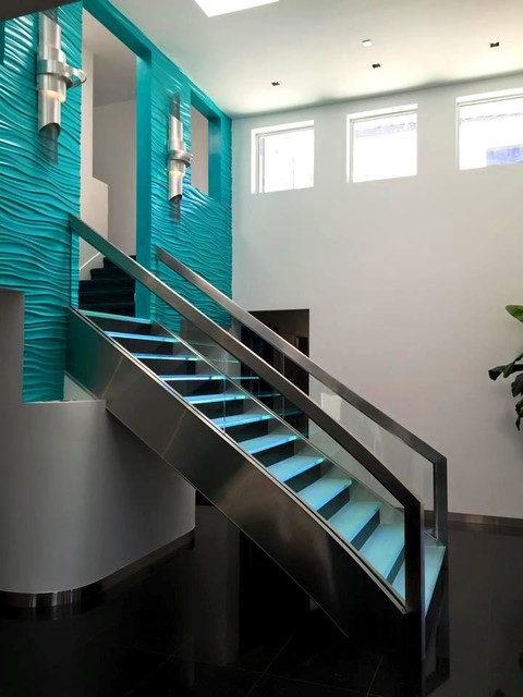 Stainless Staircase with bent glass and LED backlit glass steps ...