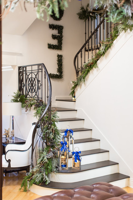 Staircase, White and Blue Christmas Decorations - Transitional ...