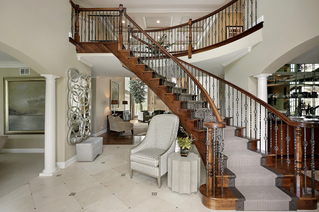 Suspended, Curved Wood Staircase with Iron Balusters - Classique Chic ...