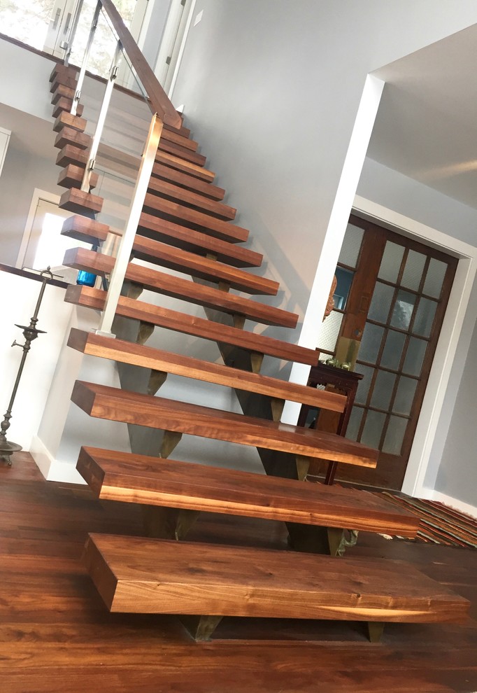 Walnut and glass railing floating staircase - Contemporary - Staircase ...