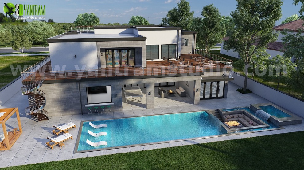 3D Exterior Architectural Walk through Home Design with Pool Side ...