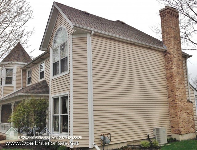 Alside Vinyl Siding in Vintage Wicker with white trim and white windows ...