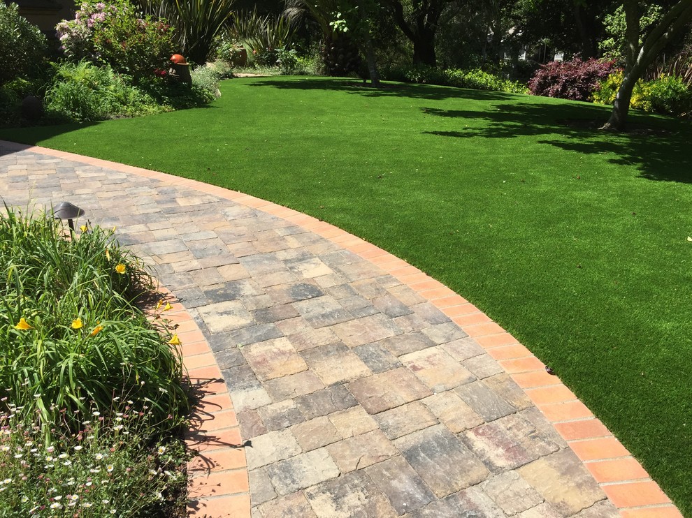 Artificial Turf Front Yard Lawn and Paver Entry Walkway Atherton CA ...