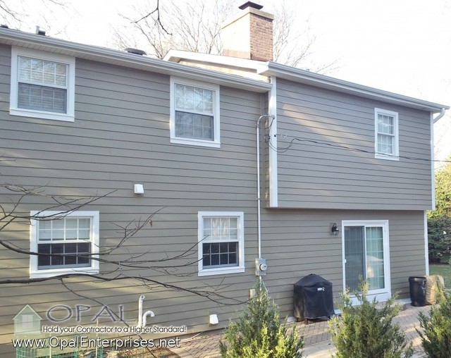 Back View with Woodstock Brown Hardie Siding, White Trim & Alside ...