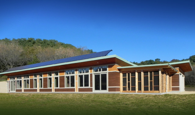 Exterior view showing south-facing window wall, screen porch and ...