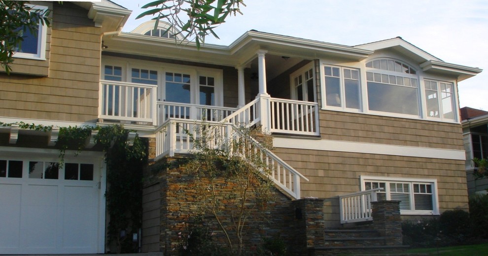 Front Entry Porch with Stacked Stone Stairs - Beach Style - Exterior ...