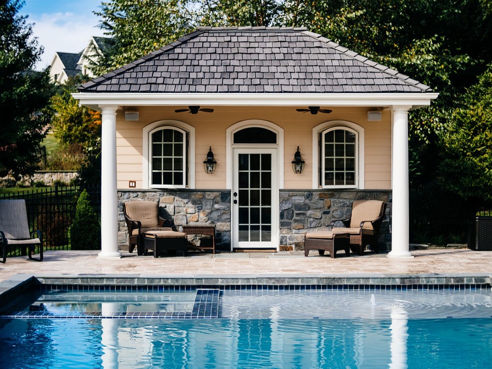Hip roof at pool house, Cabana, Hand Split Shakes, Weathered gray ...