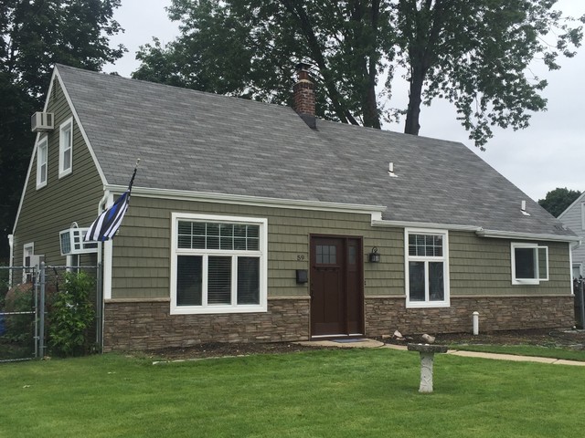 Levittown Siding - Arbor Shakes with Terra Rosa Ledgestone and Mahogany ...