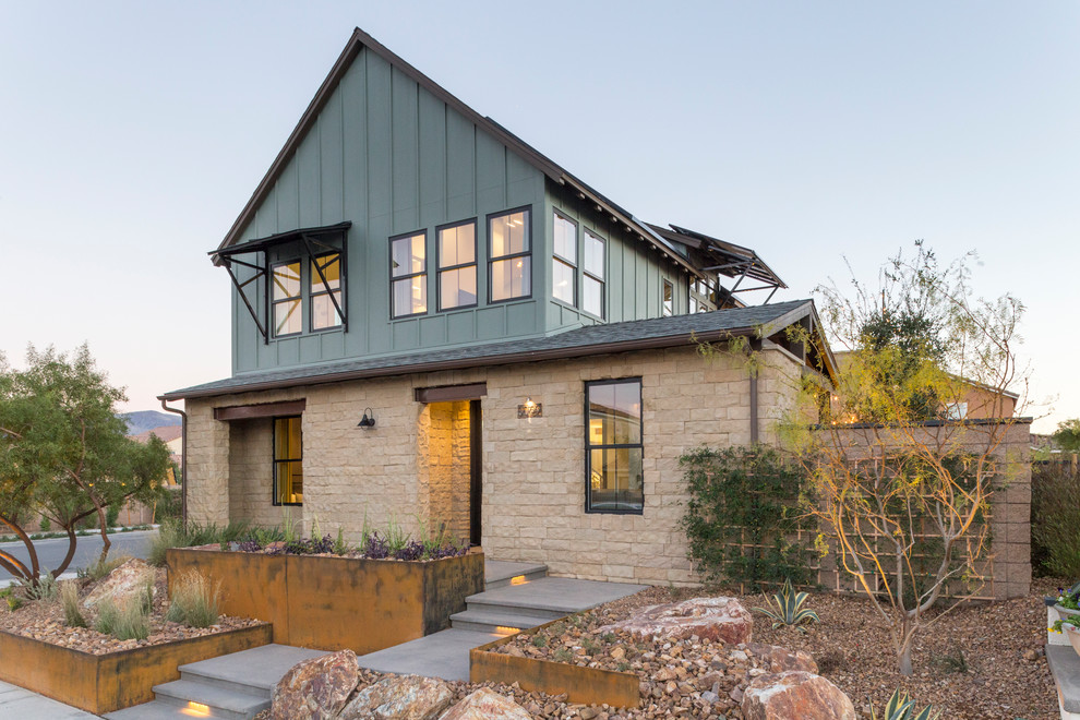 Modern Farmhouse With Textured Beige Stone and Industrial Siding ...