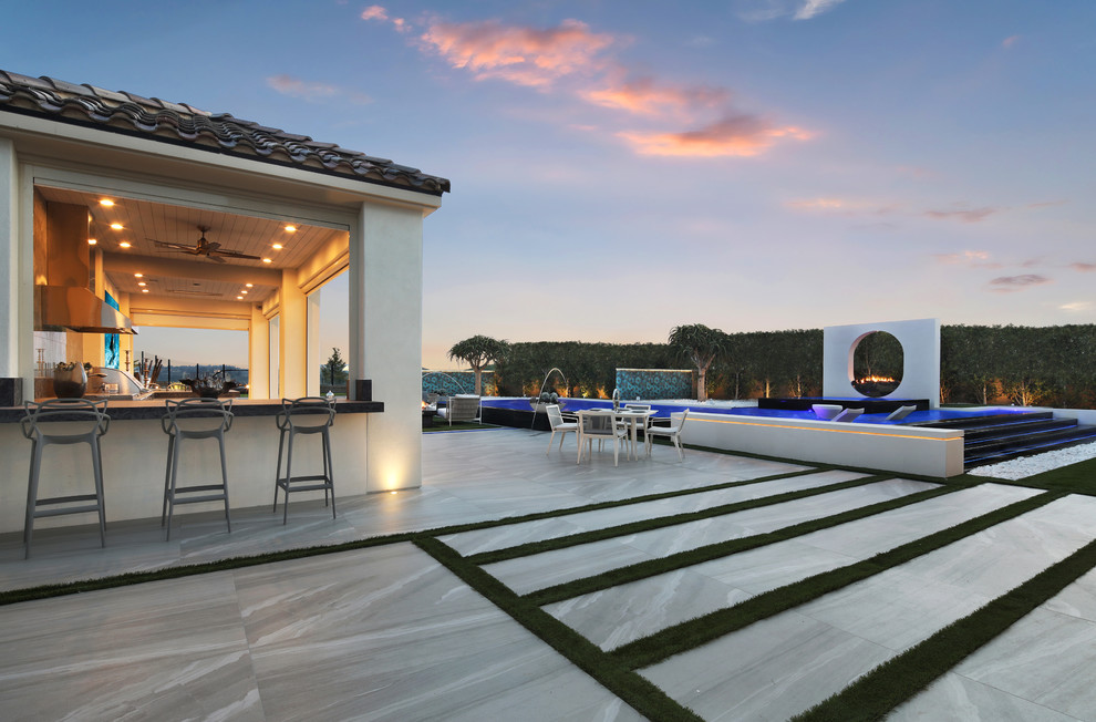 Modern Infinity Pool, Elevated Spa, Outdoor Kitchen, and Unique Fire ...