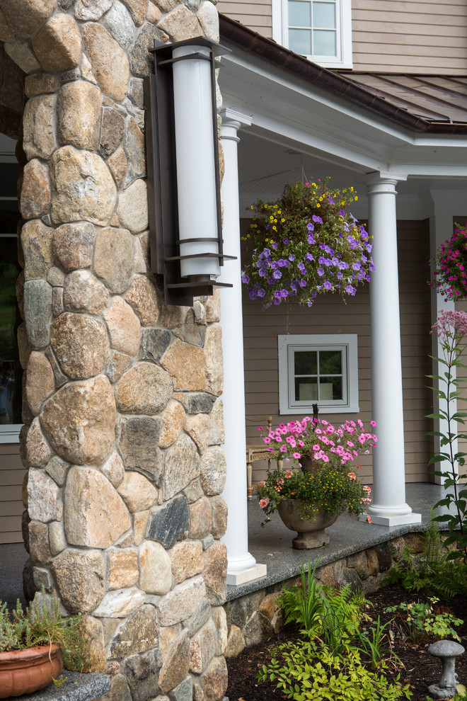 New England Style Design: Fireplace, Chimney, Columns, and Stone Siding ...
