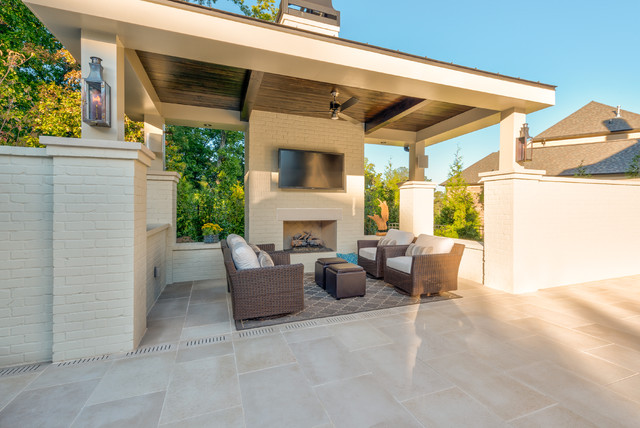 Outdoor Living with TV + music in the Fireplace Pavilion. Bevolo gas ...