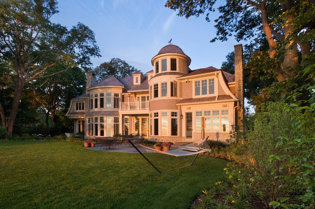 Rear Elevation of Cape Cod Stone and Shingle Style House with Bluestone ...