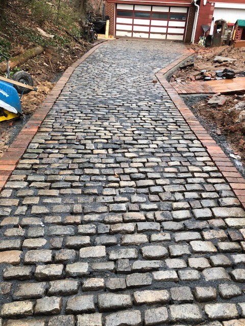 Reclaimed Cobblestone Driveway with Antique Brick Paver Border - Façade ...