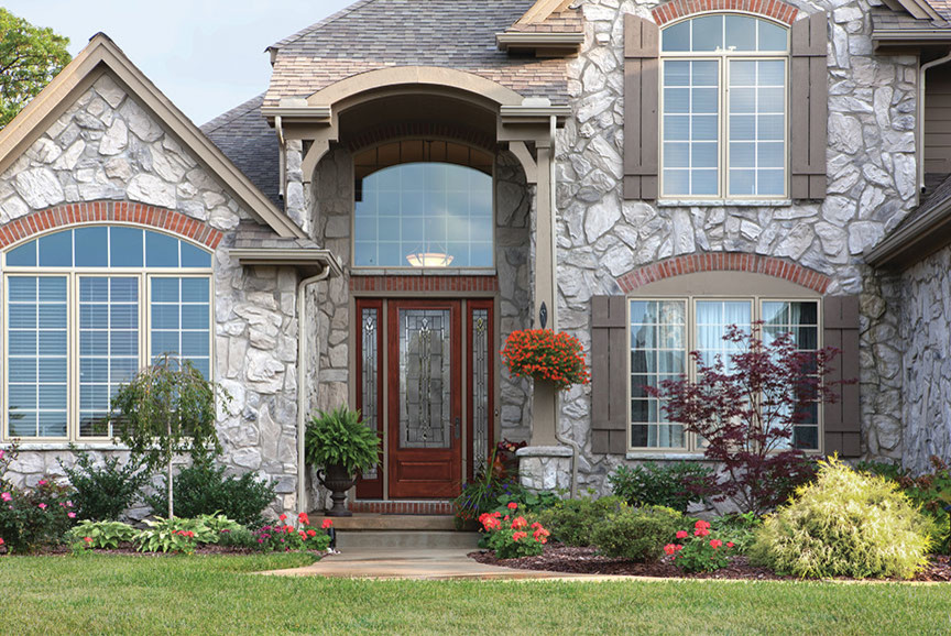 Rich Mahogany-Style Fiberglass Entry Door with Beige Vinyl Windows and ...