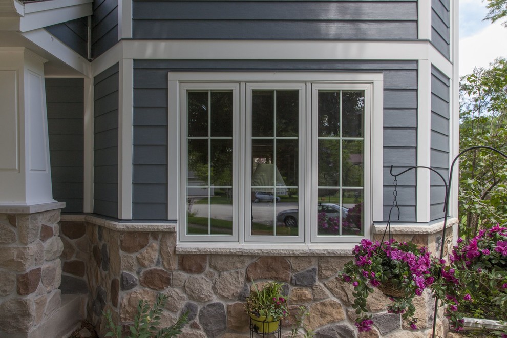 Shiny new Andersen Windows, Evening Blue James Hardie siding & stone ...