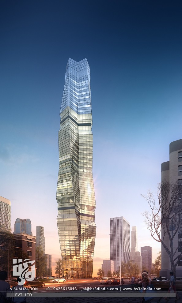 Skyscraper Building With Glass Design, Dusk View, Cost Effective 3d ...