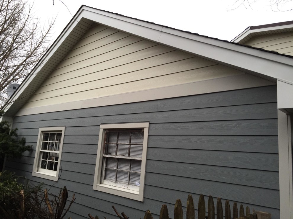Slate Gray James Hardie Siding Installation paired with Navajo Beige ...