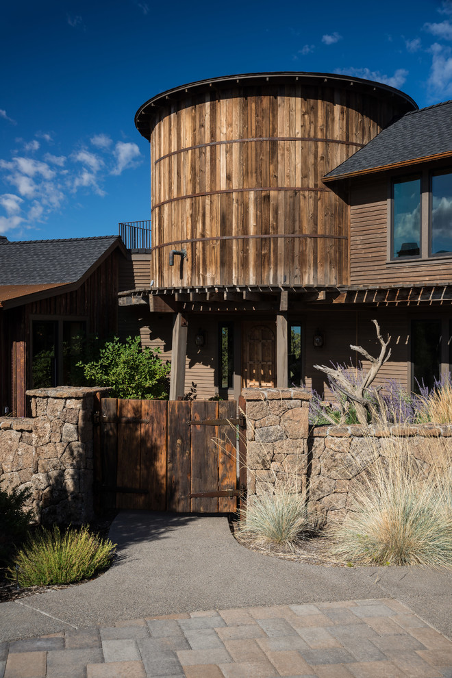 Water tower inspired home front elevation close up of tower - Rustic ...
