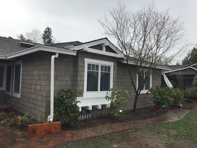 white painted gutter, white trim and white exterior window frames ...
