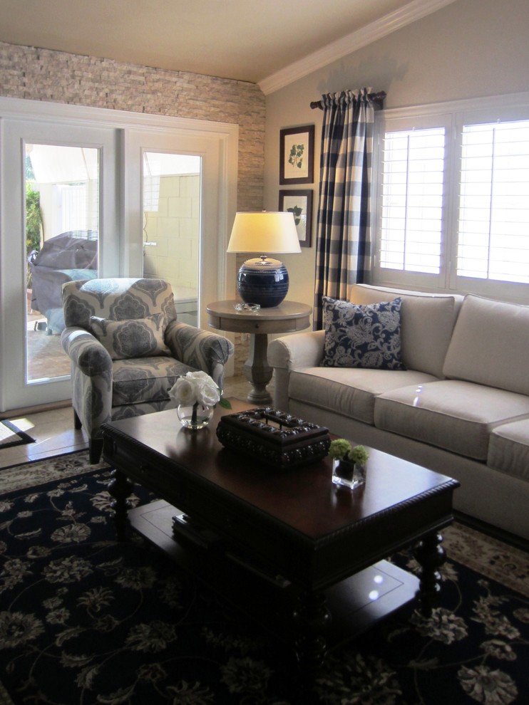 Blue & Beige Cottage Style Family & Dining Room by Designer Kate Miles ...