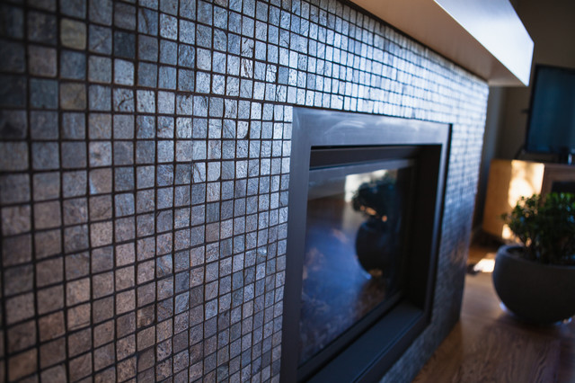 Blue Metallic Mosaic Tile Gas Fireplace - Arts & Crafts - Games Room ...