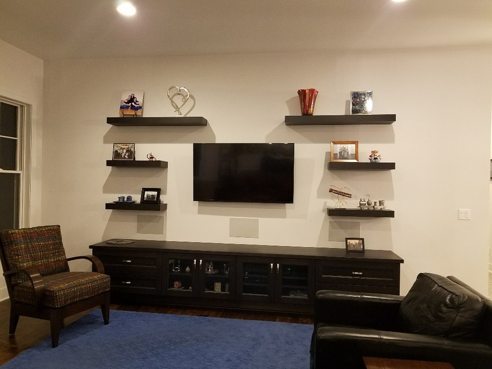 component cabinet and floating shelves - Transitional - Family Room ...