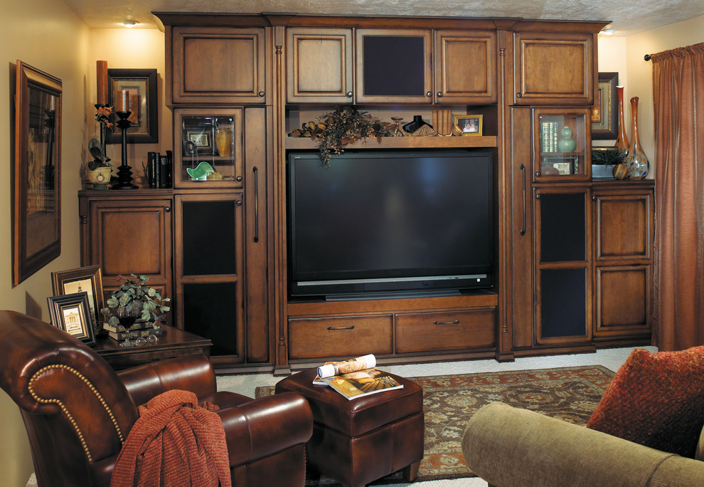 Fieldstone Cabinetry Family Room with distressed Cherry cabinets ...