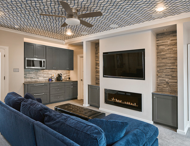 Gray built-ins and wallpaper ceiling - Transitional - Games Room ...