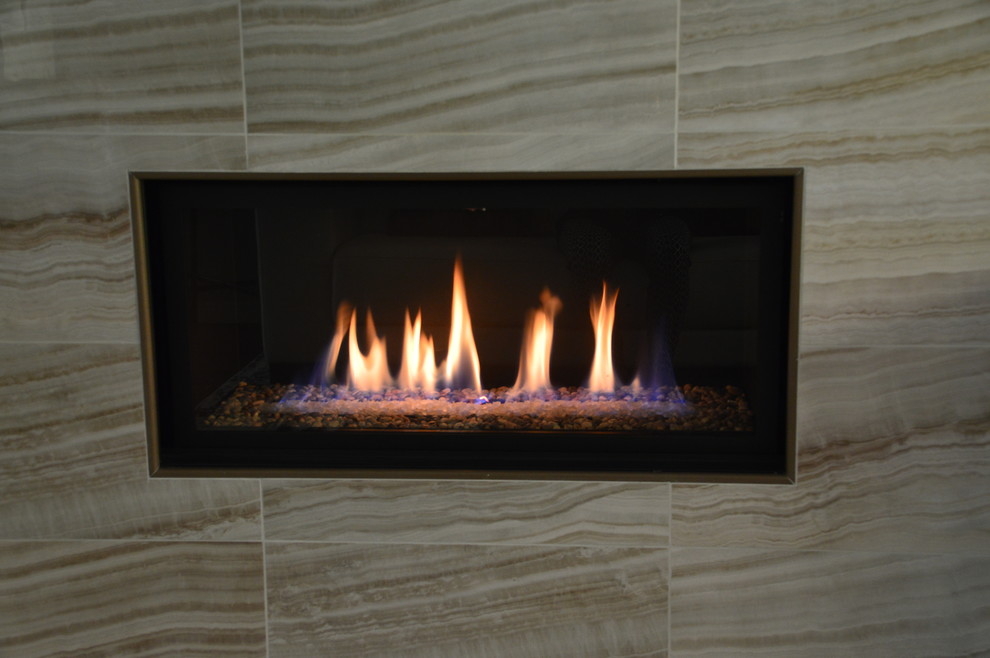 horizontal gas fireplace, 12x24" tile surround - Transitional - Games ...