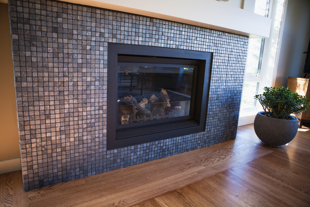 Metallic Mosaic Tile Gas Fireplace - Craftsman - Family Room - Calgary ...