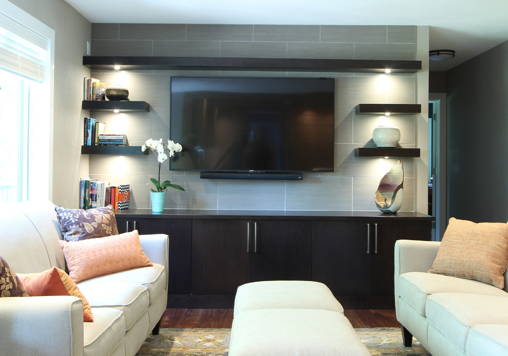 Modern Cherry Cabinets used in Family Room with Floating Shelves ...