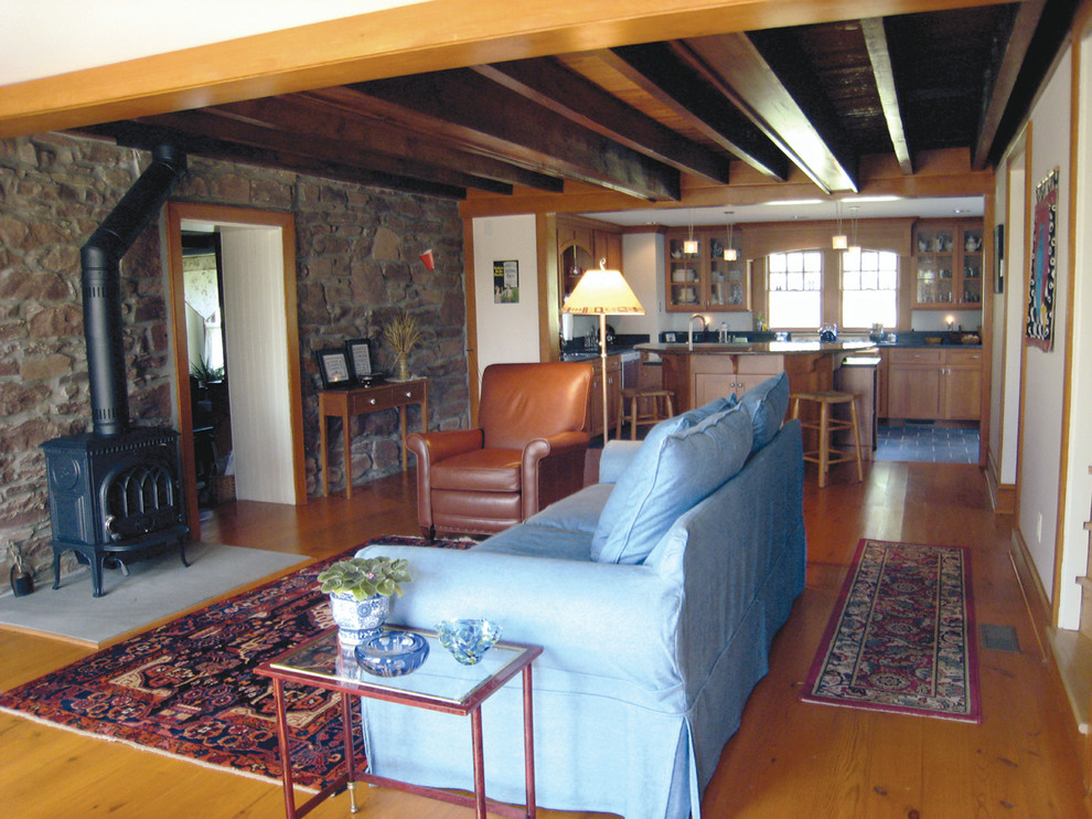New Family Room and Kitchen with original stone wall and beams ...