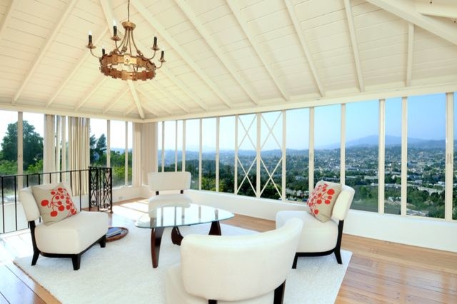 Observation Deck with Herringbone Beamed Ceiling and Vintage Chandelier ...
