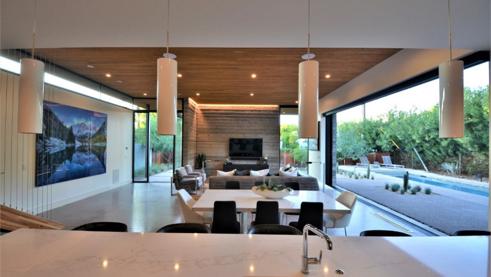 Pre-finished cedar wood ceilings and soffits add warmth to this modern ...