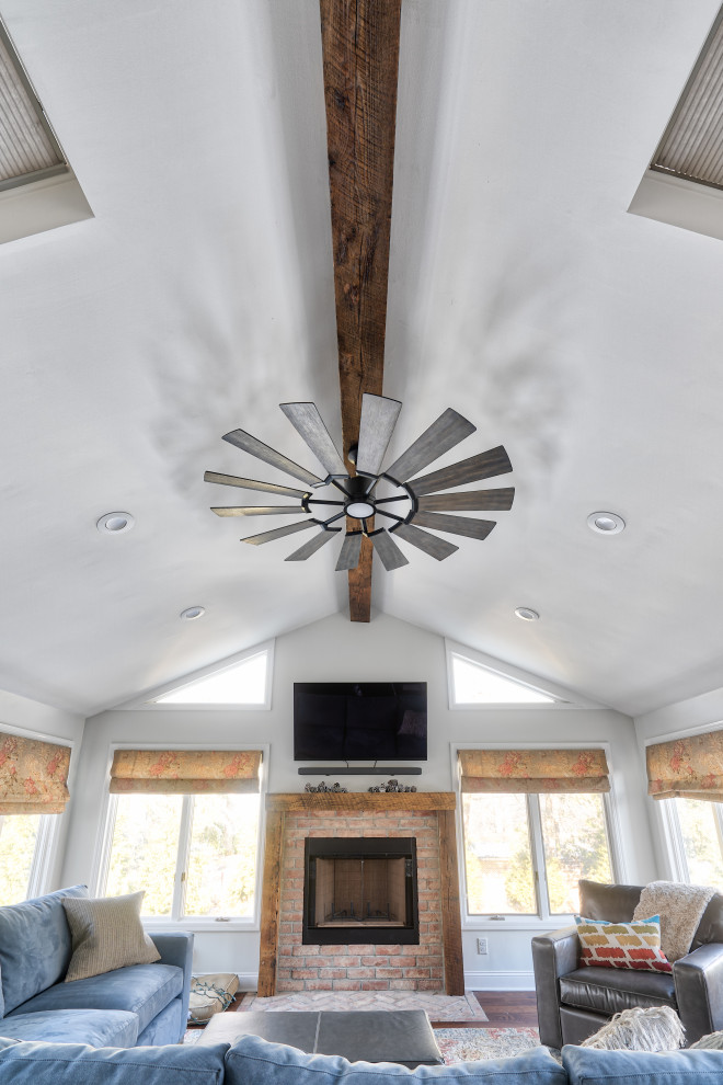 Real Antique Wood Beam Wrap with Updated Fireplace - Farmhouse - Family ...