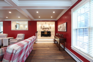 Red Sunken Family Room off Kitchen with Large Island - Transitional ...