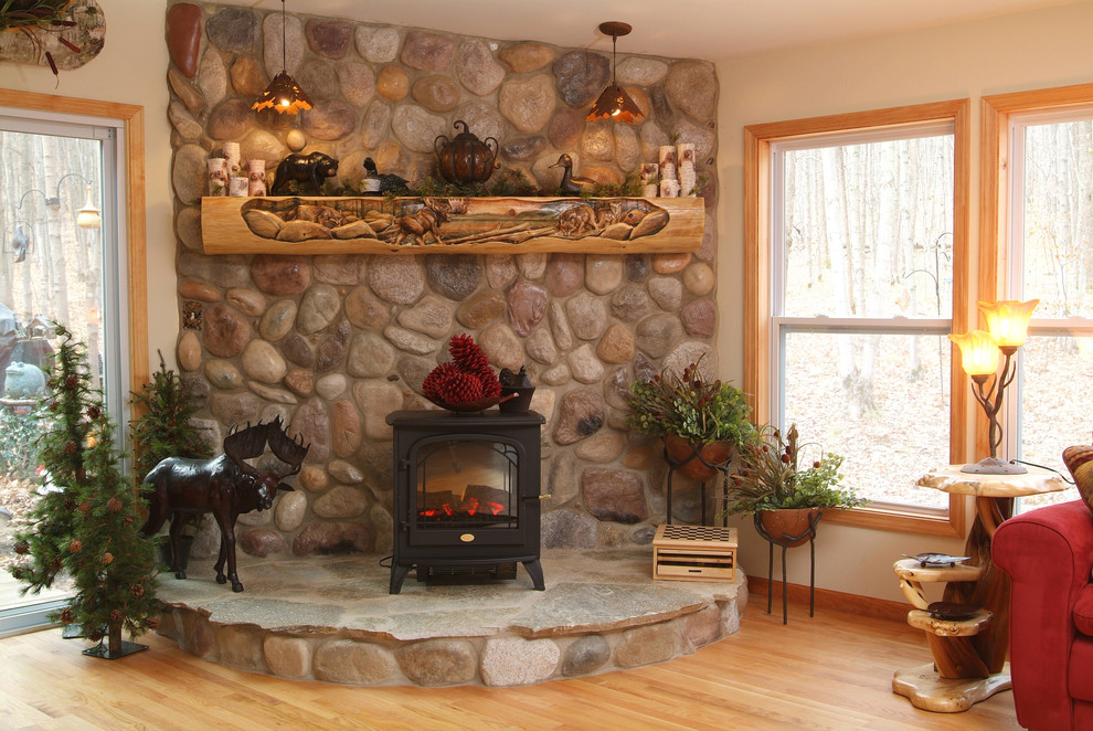 Rustic Log Mantel & Stone Fireplace - Rustic - Family Room - Other - by ...
