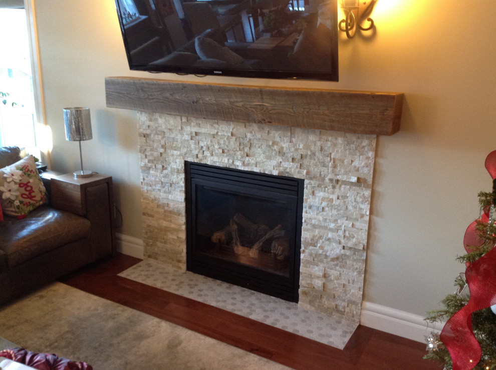 Stacked Stone With Rustic Mantel - Games Room - Edmonton - by Gooding ...