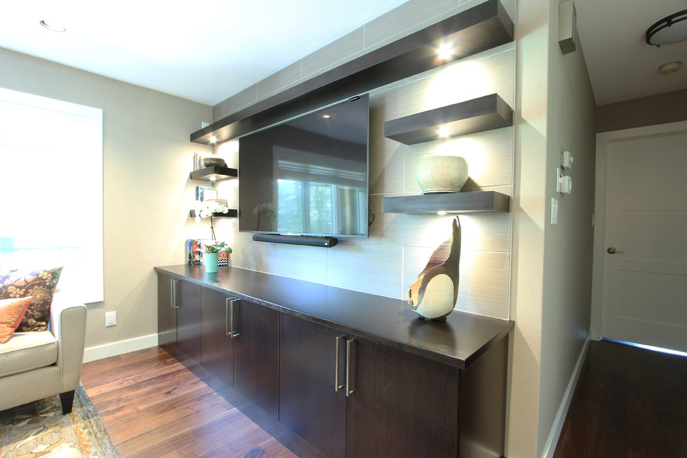 Wall Hung TV surrounded by floating shelves - Modern - Family Room ...