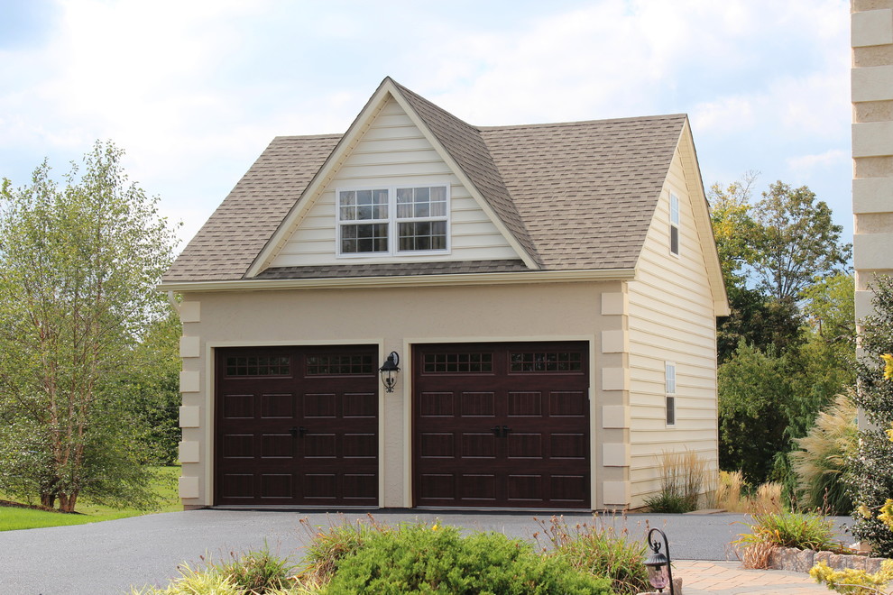 20'x24' Beaded Vinyl Two Story Garage - front view with stucco work and ...