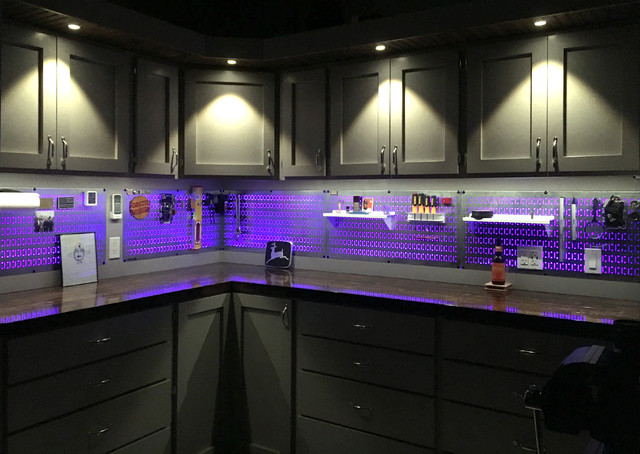 Custom Garage with Wall Control Pegboard and LED Lights - Modern ...